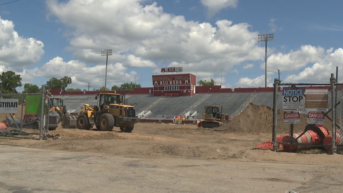 Work crews begin replacing Hackley Stadium's grass with artificial turf ...