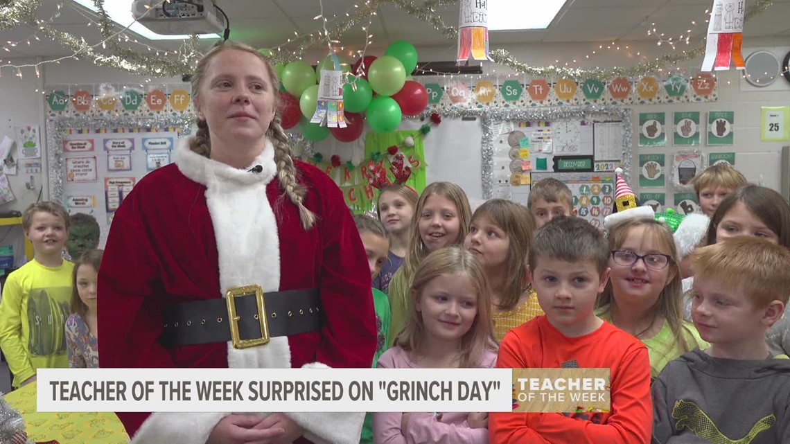Teacher dressed at the Grinch surprised as Teacher of the Week | wzzm13.com