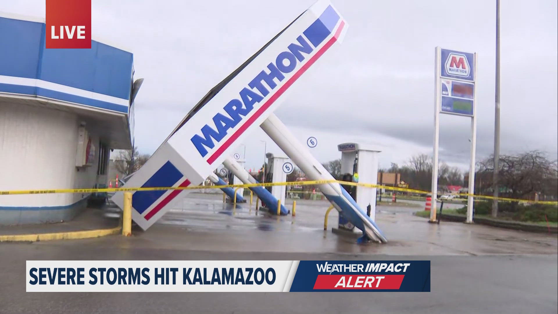 Severe storm knocks Kalamazoo Marathon Gas Station canopy over | wzzm13.com
