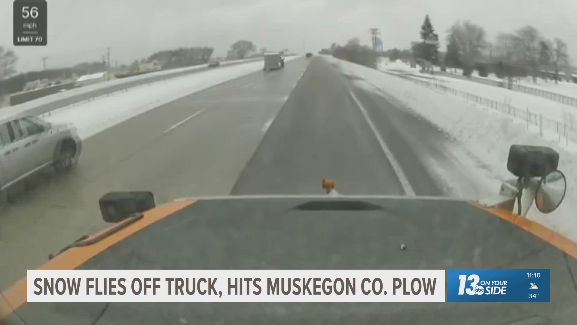 Snow flies off truck, hits Muskegon plow truck | wzzm13.com
