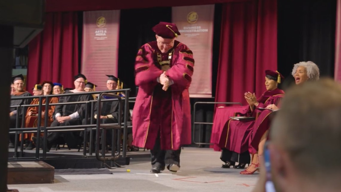 CMU President Bob Davies "Hitting the Griddy" at graduation | wzzm13.com