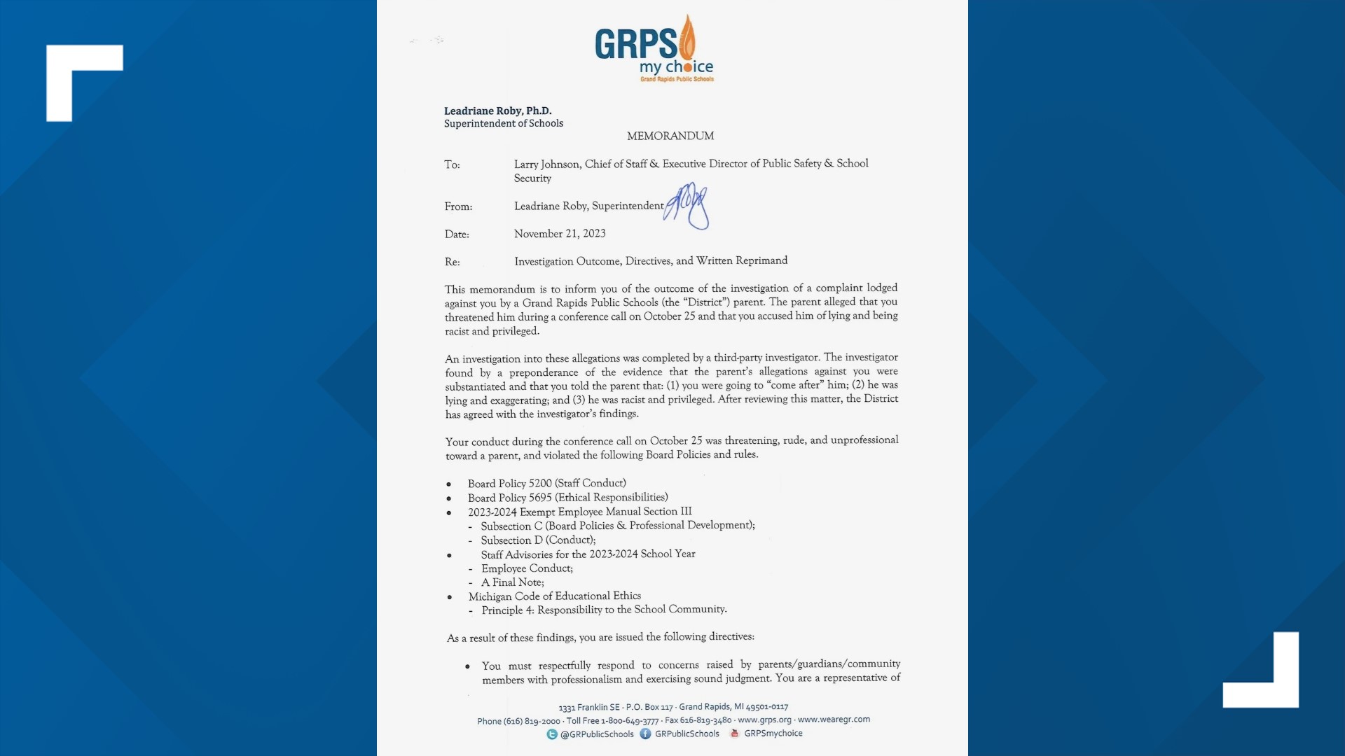 Head of GRPS school security threatened parent, memo says | wzzm13.com