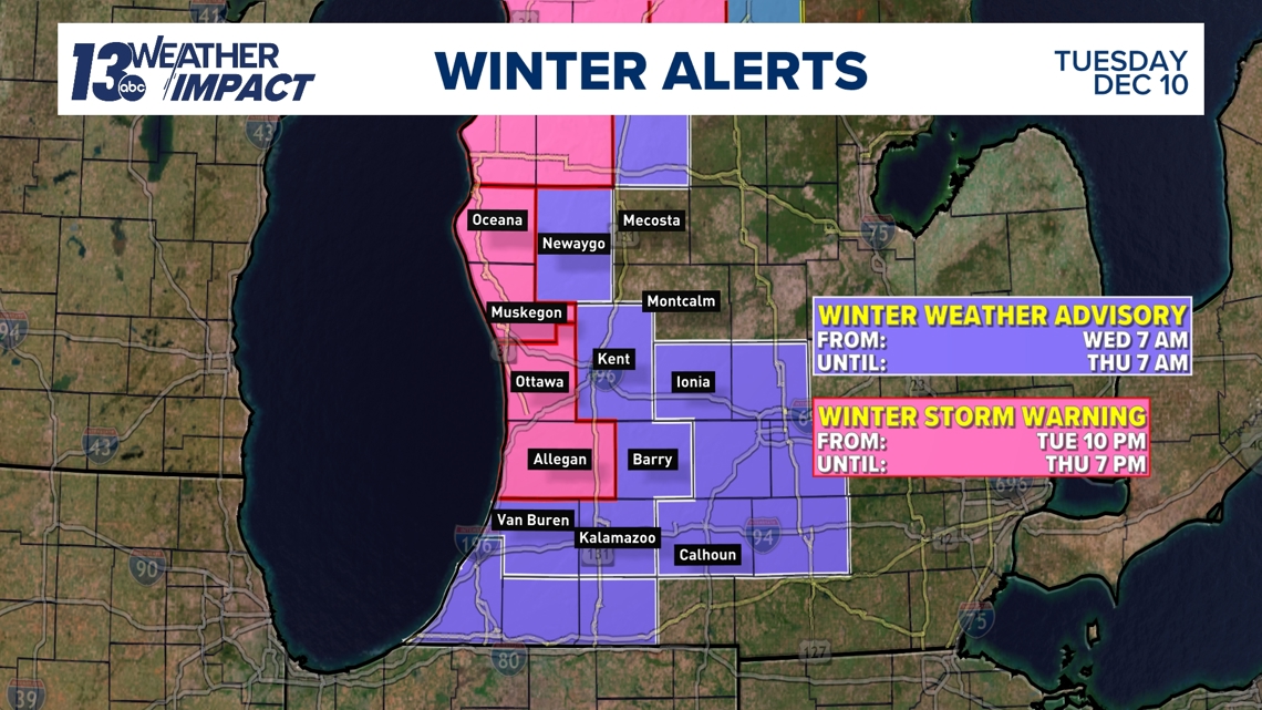 Incoming lake-effect snow causes Winter Storm Warnings in West MI | wzzm13.com