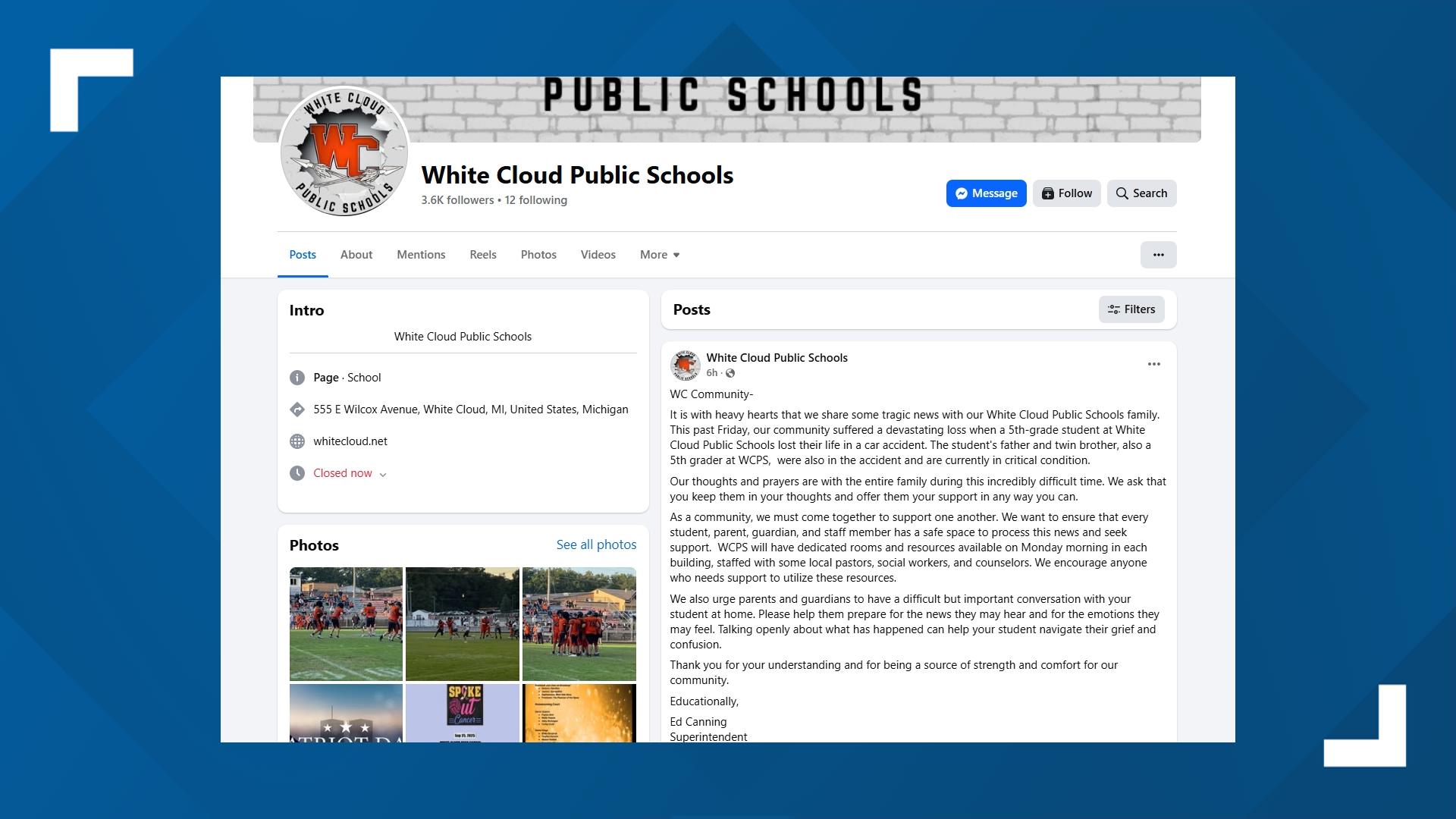 Student in White Cloud Public Schools killed in car crash, district says | wzzm13.com