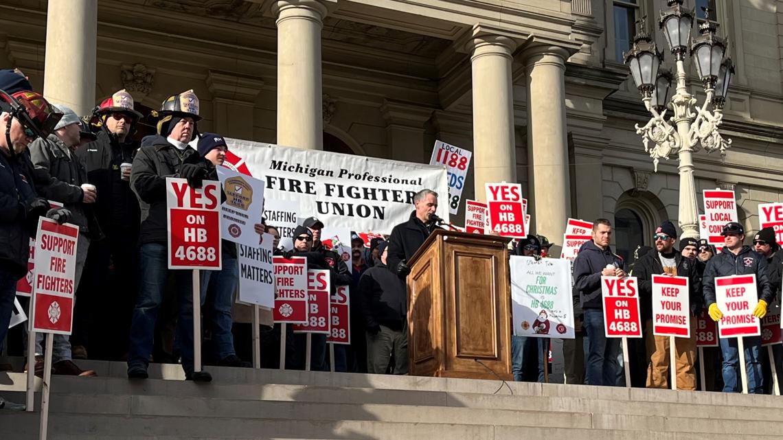 MI Firefighters, allies rally in Lansing, pushing for codified staffing ...