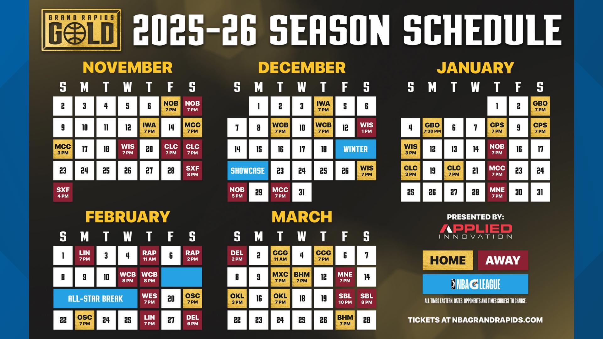 NBA G League Grand Rapids Gold 2025-26 season schedule for Van Andel ...