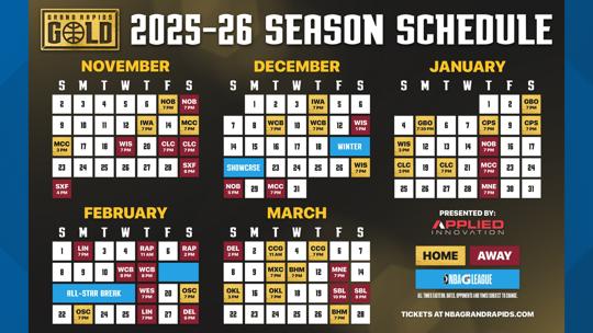 NBA G League Grand Rapids Gold 2025-26 season schedule for Van Andel ...