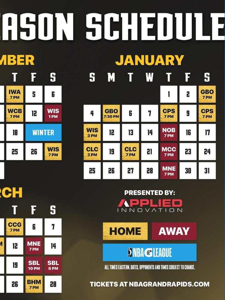 NBA G League Grand Rapids Gold 2025-26 season schedule for Van Andel ...