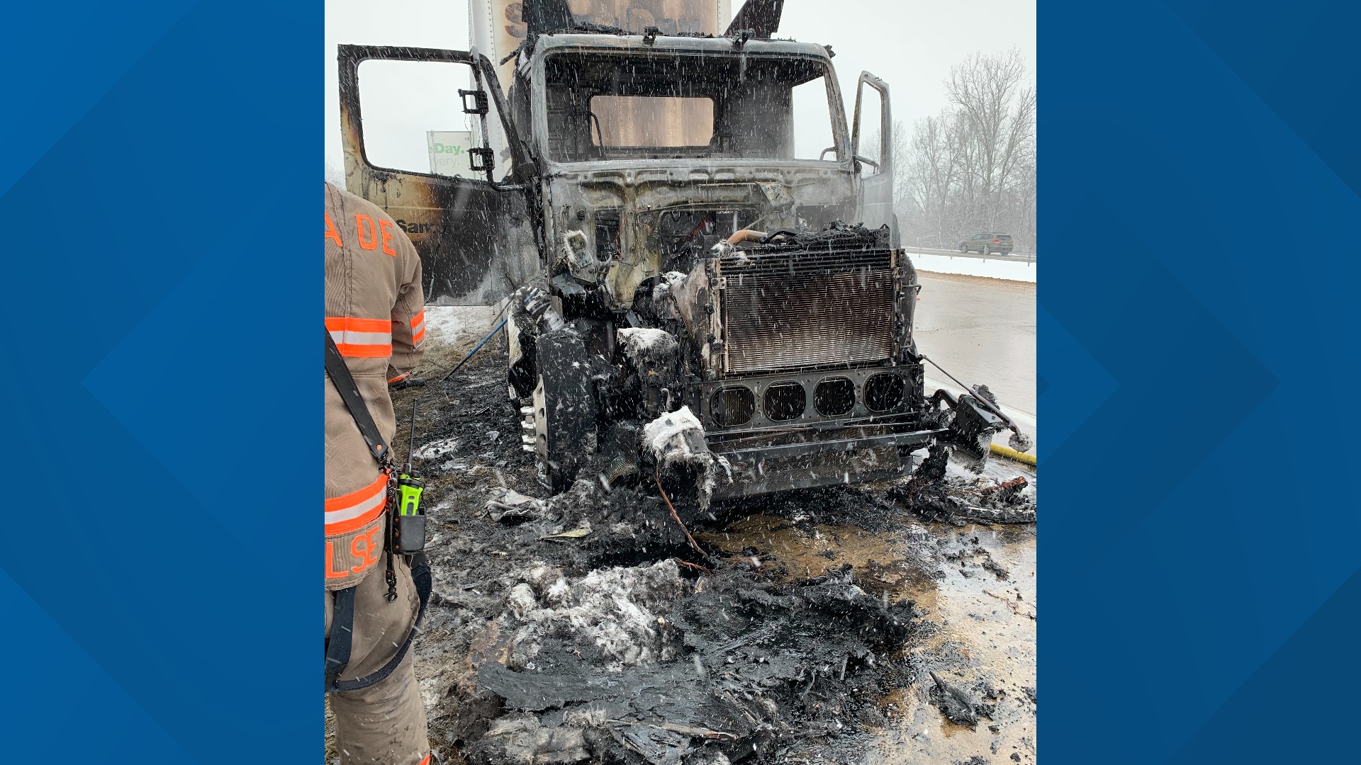 Semi-truck driver safe after truck catches fire on I-96 | wzzm13.com