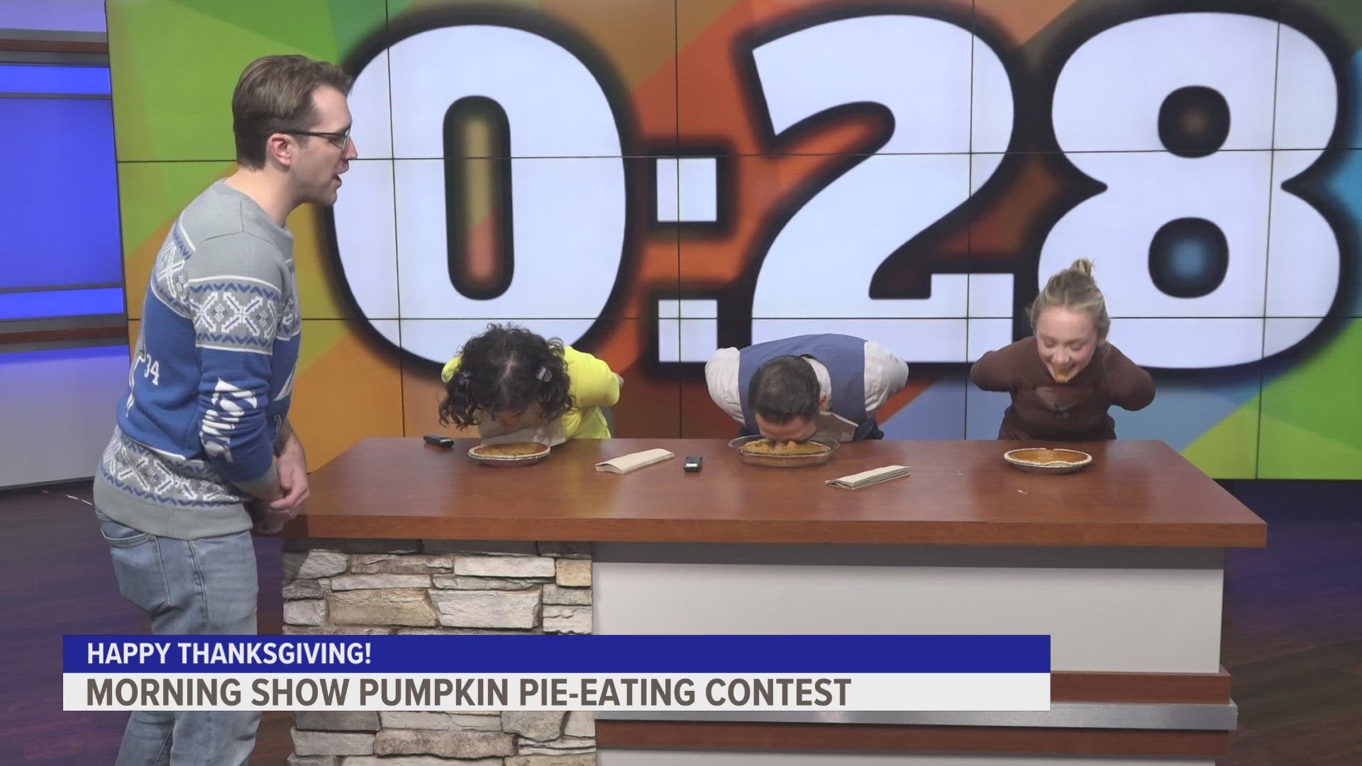 13OYS Mornings team has a Thanksgiving Day pie-eating contest | wzzm13.com